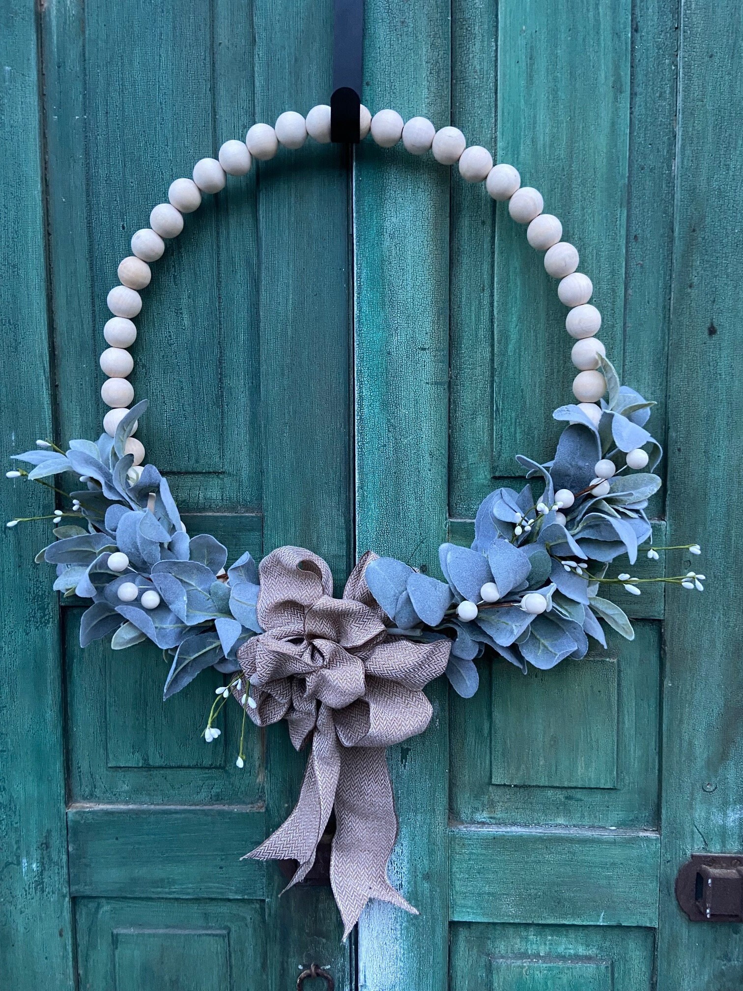 Wood Bead Wreath Beaded Lambs Ear Door Hanger Neutral Door - Etsy