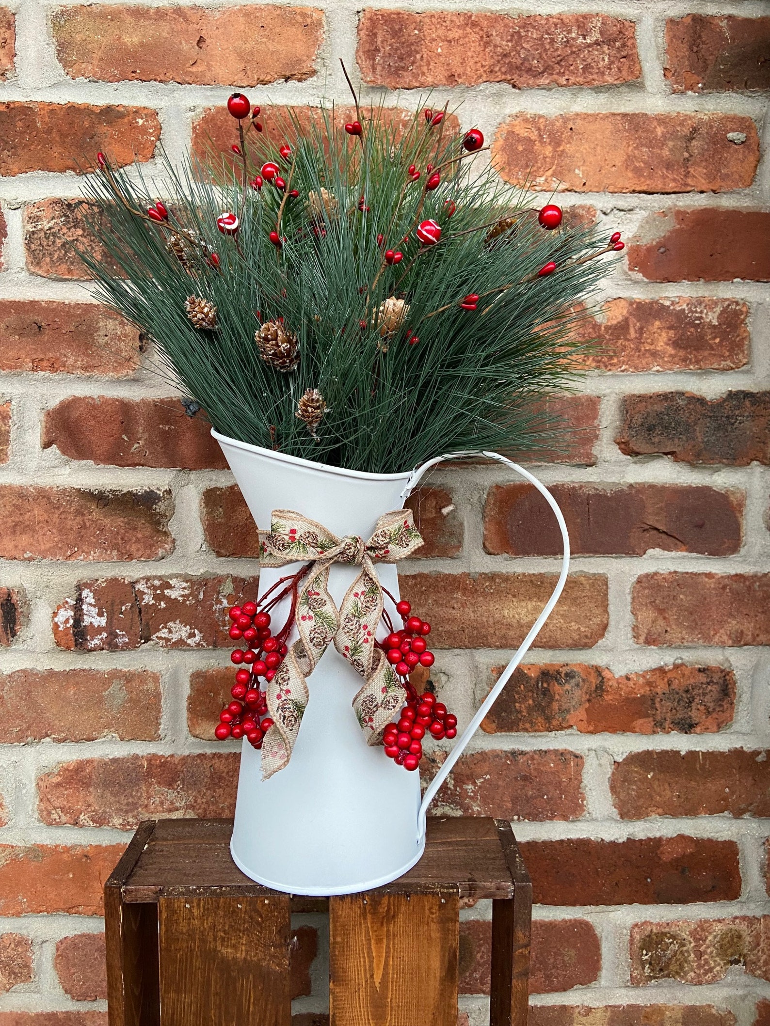 Farmhouse Christmas Pitcher Centerpiece: Pine, Pinecones & Berries - Etsy