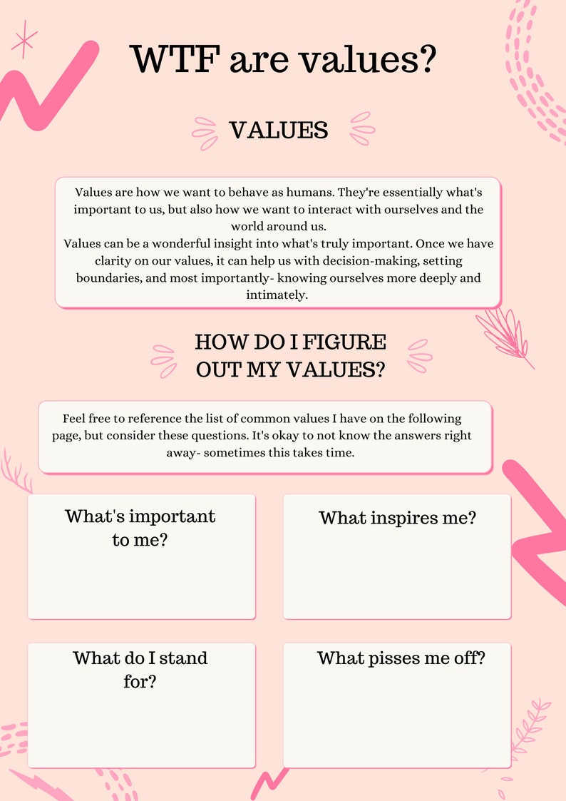 Values Exploration Worksheet- Acceptance and Commitment Therapy - Etsy