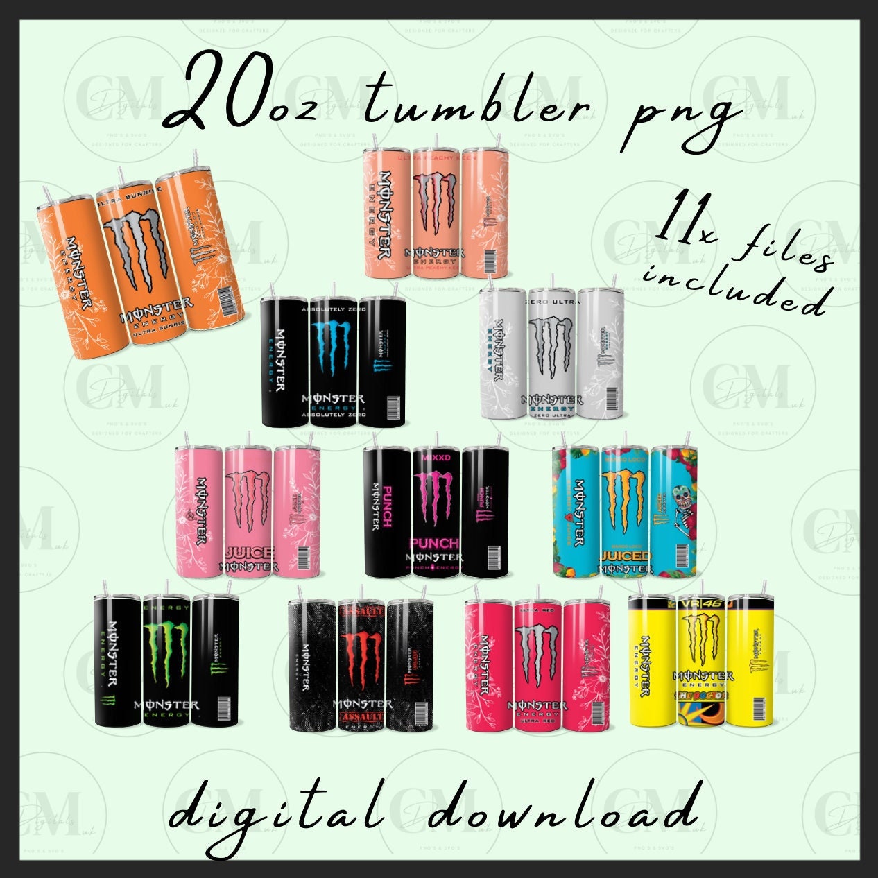 Monster Energy 20oz Sublimation Tumbler Png Bundle 11 Files Included ...