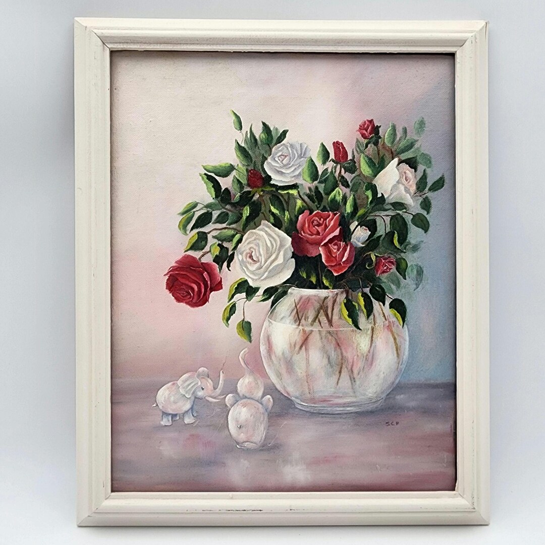 Painting Signed scp Still Life Flowers & Elephants - Etsy