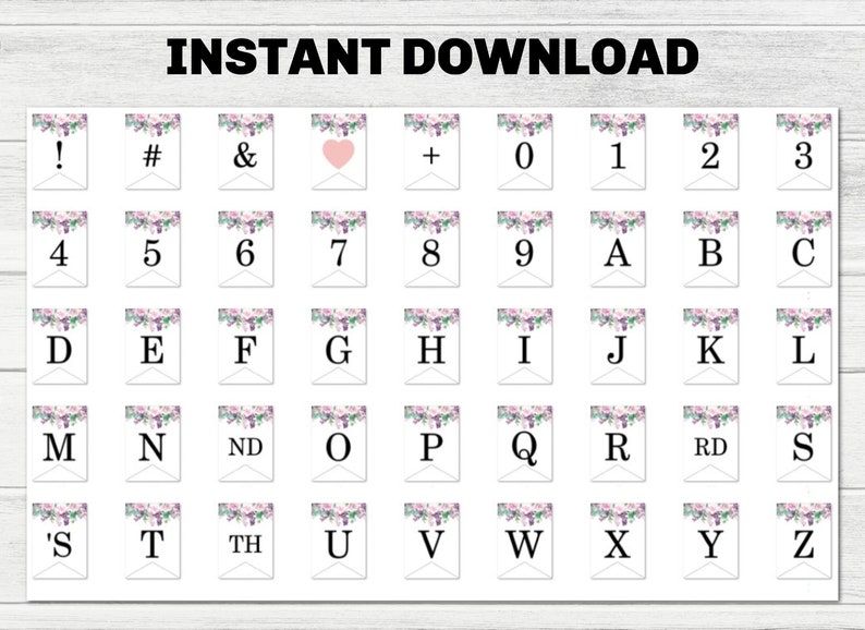 Purple Floral Printable Banner Alphabet A-Z and Numbers, Baby Shower ...