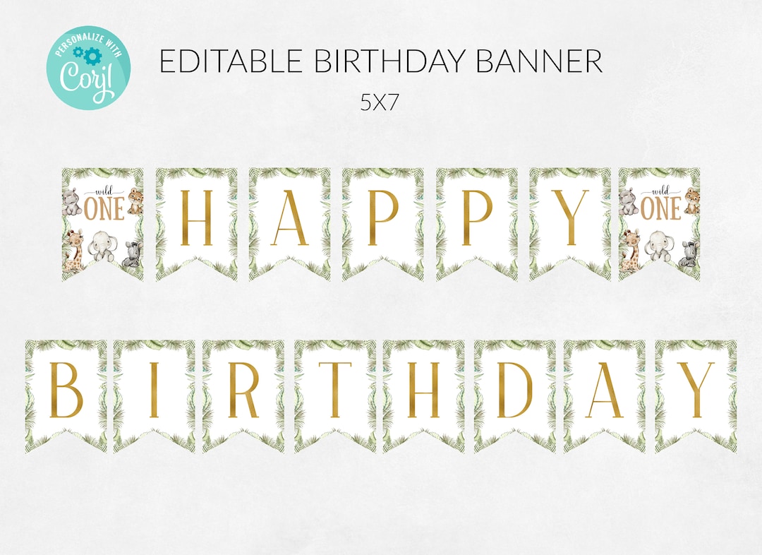 Jungle Printable Happy Birthday Banner, Editable Instant Download - Etsy