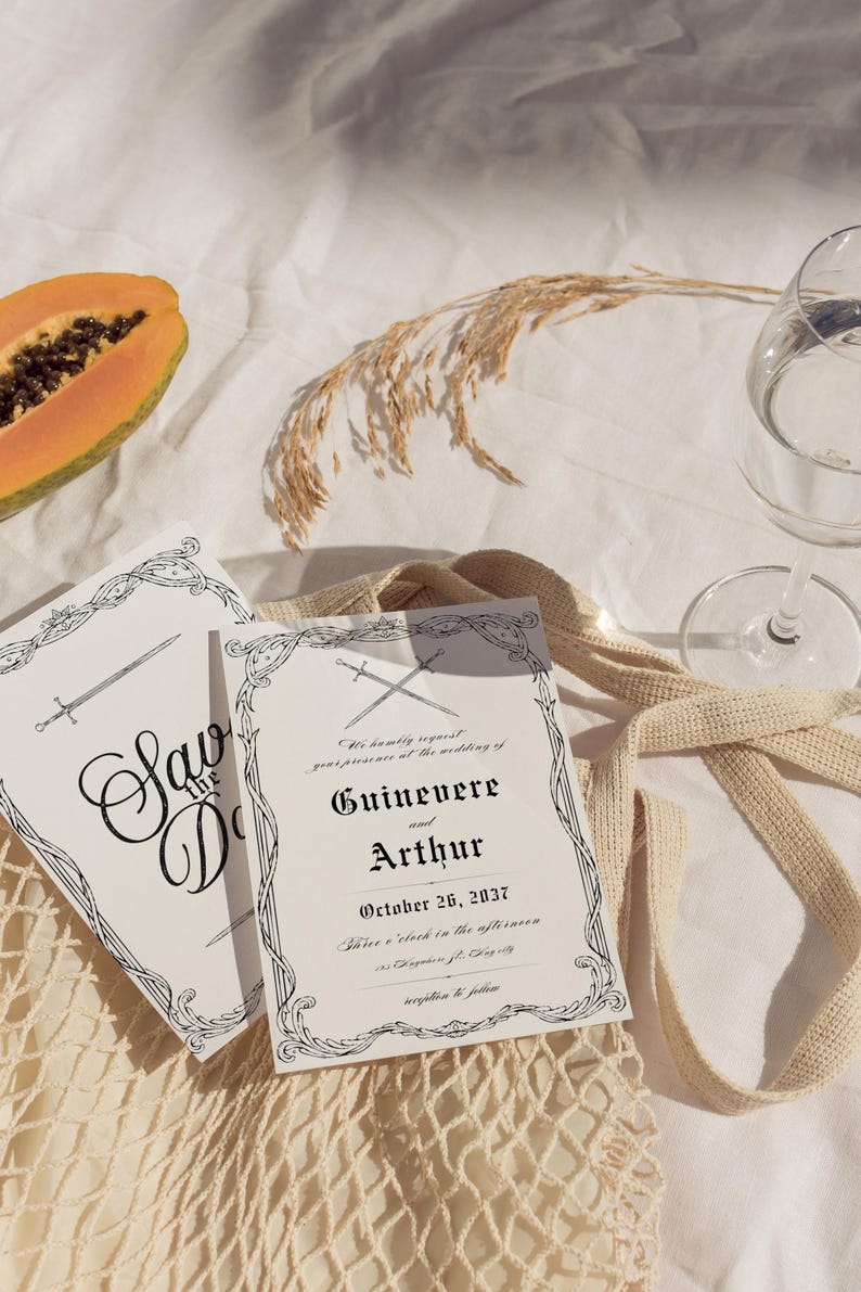 Hand Drawn Medieval Fantasy Swords Save the Date Wedding Invitation 5x7 ...