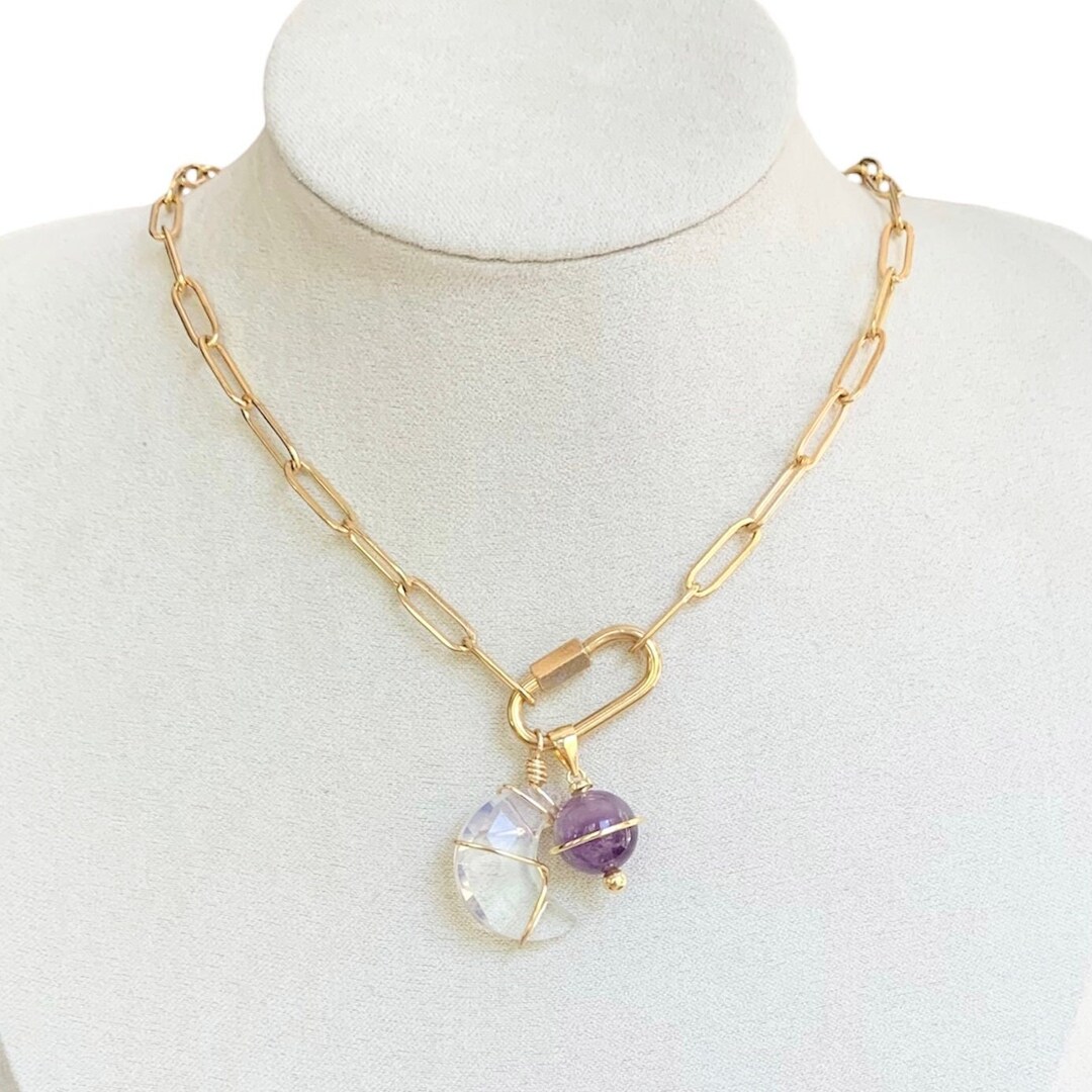 Moon and Saturn Necklace, Paperclip Chain, Carabiner Screw Lock ...