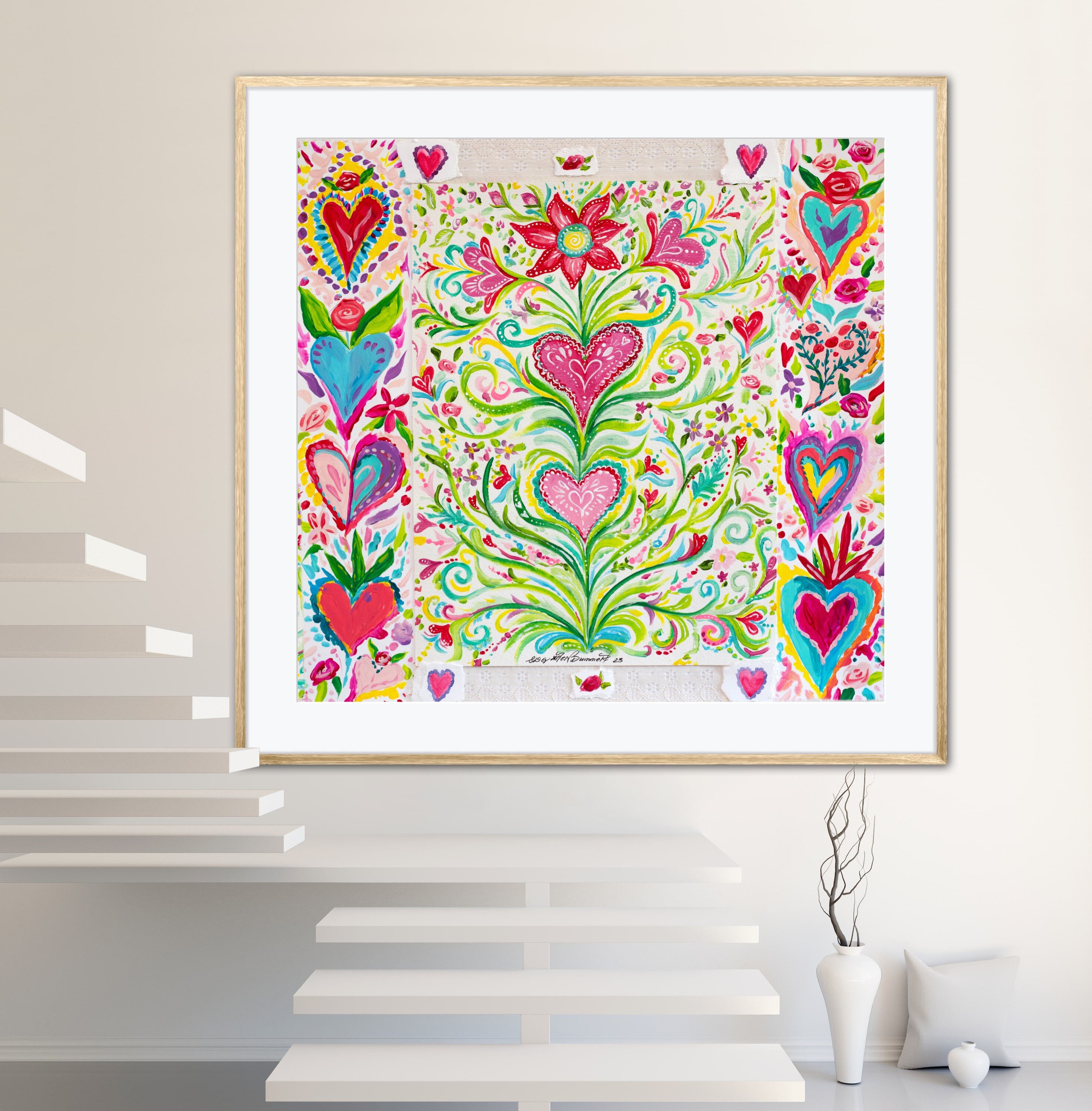 Hearts on Fire Folk Art Print of Original Painting Rosemaling Flowers ...