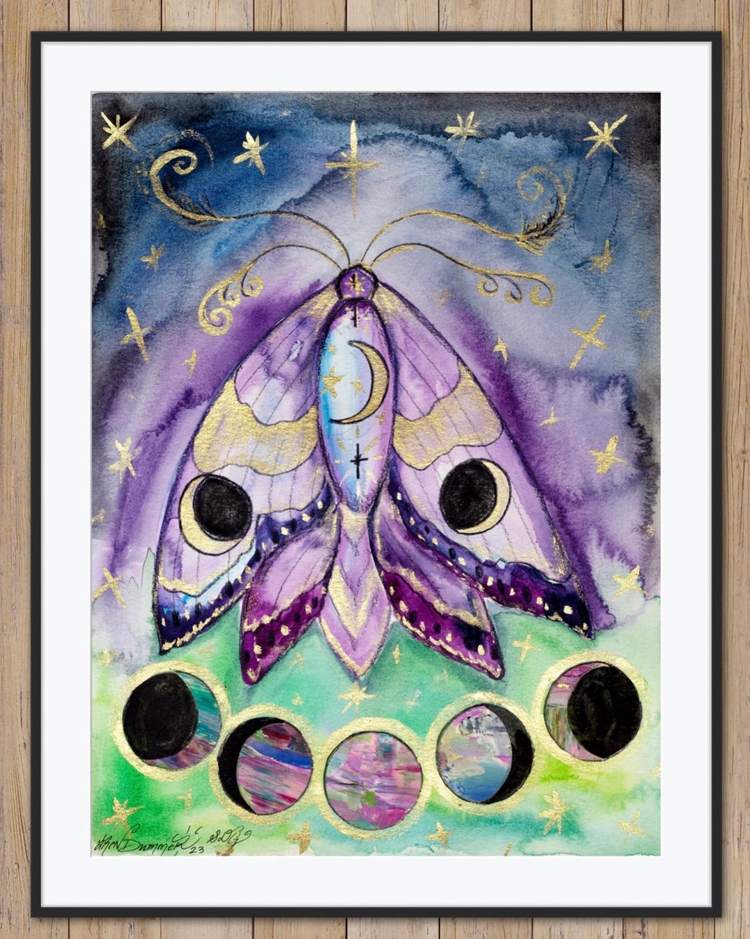 Moon Phase Moth Giclée Art Print Mixed Media Painting Whimsy Abstract Watercolor Night Sky Stars ...