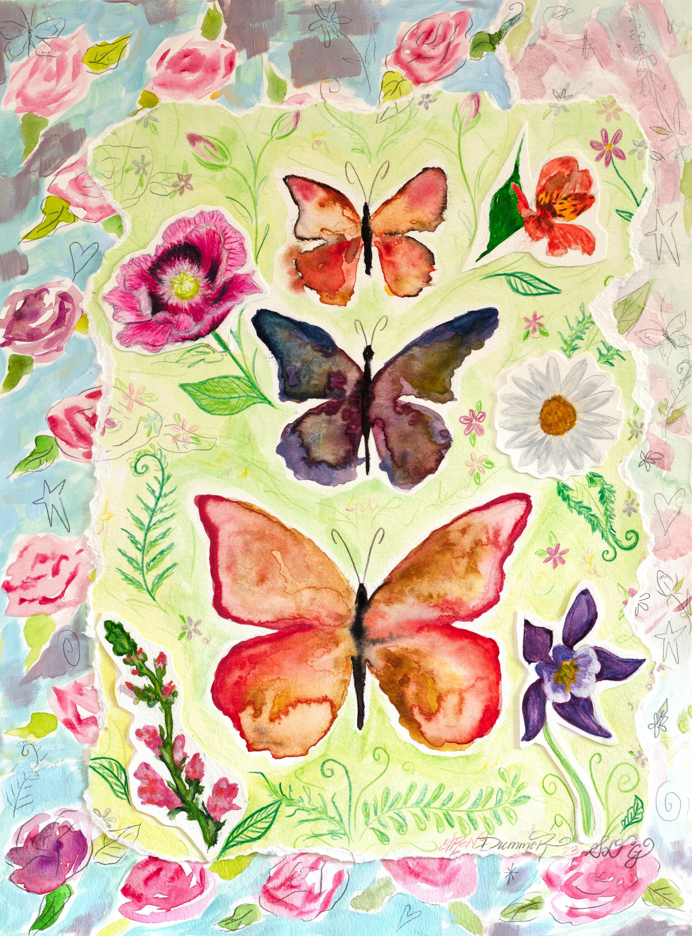 Butterfly Collage Giclée Fine Art Print Mixed Media Watercolor Painting ...