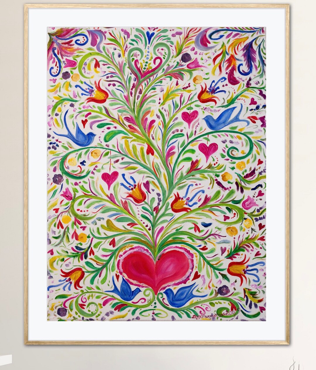 Love Birds Rosemaling Giclée Folk Art Print of Oil Painting Whimsical ...