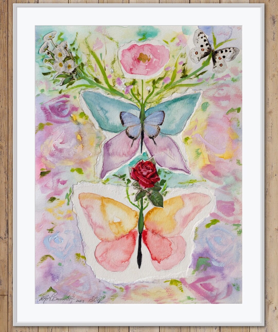 Butterfly Blooms Giclée Folk Art Print of Watercolor Mixed Media ...