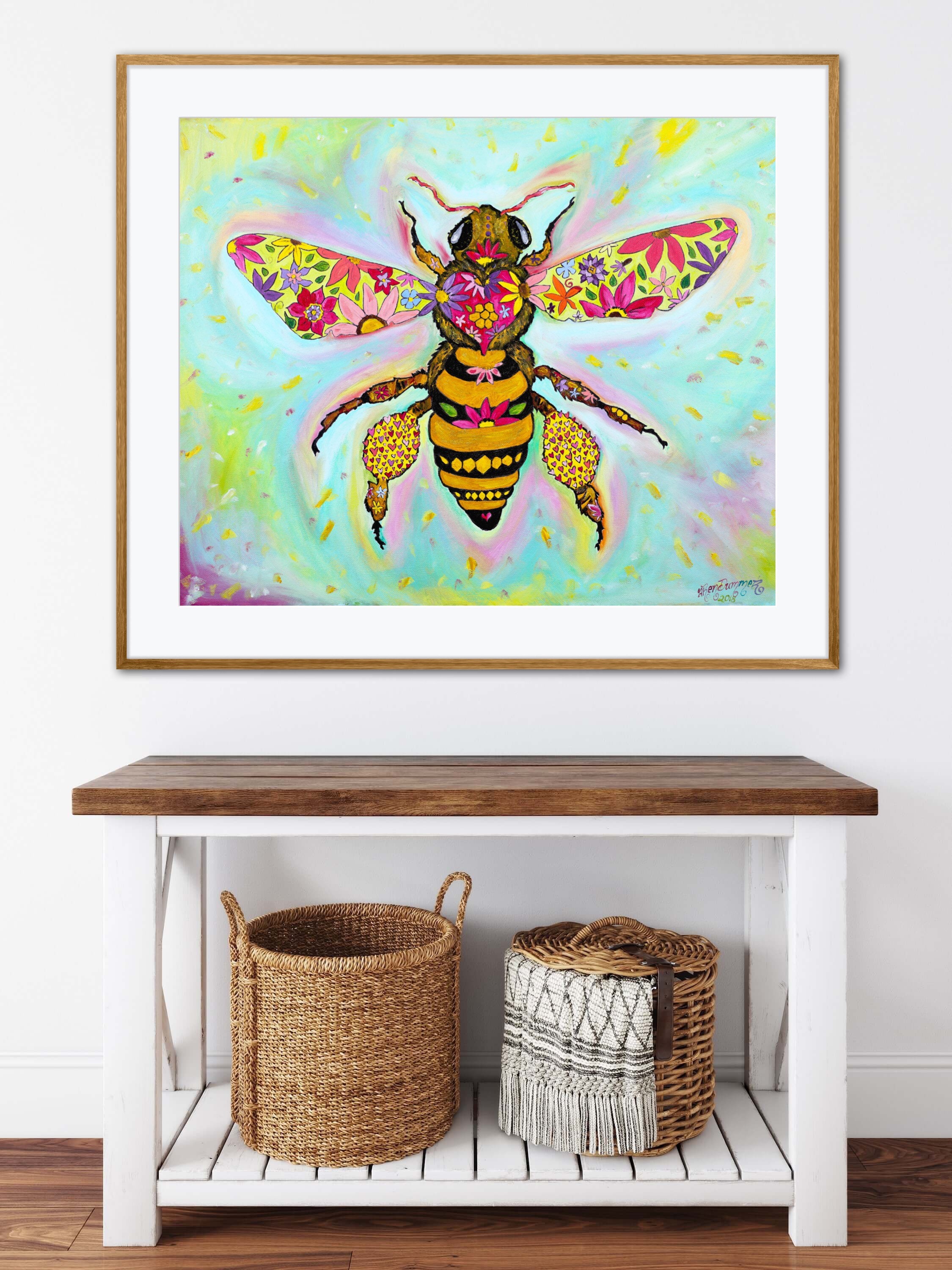 Whimsical Honeybee Fine Folk Art Print Oil Painting Colorful Flower ...