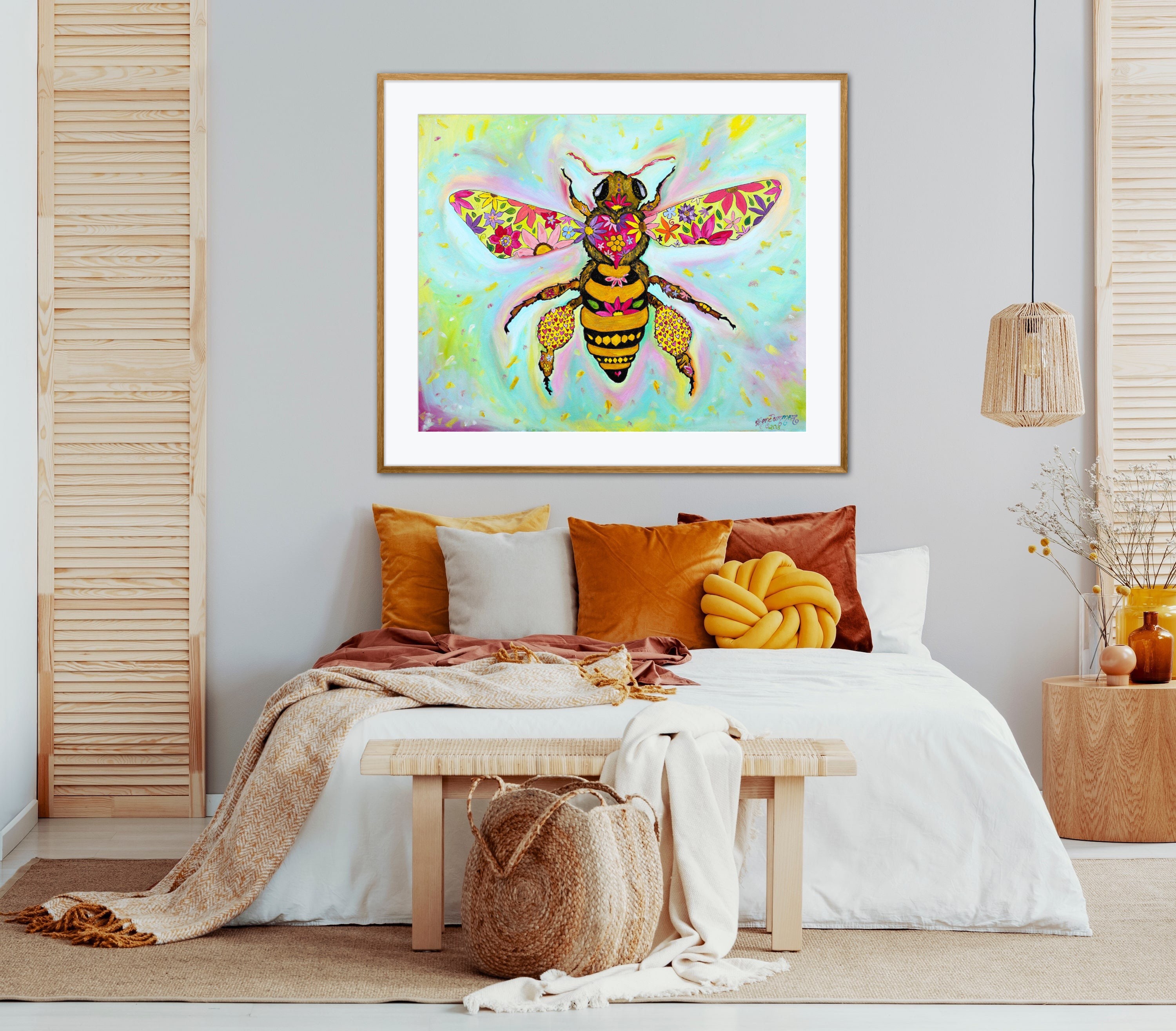 Whimsical Honeybee Fine Folk Art Print Oil Painting Colorful Flower ...
