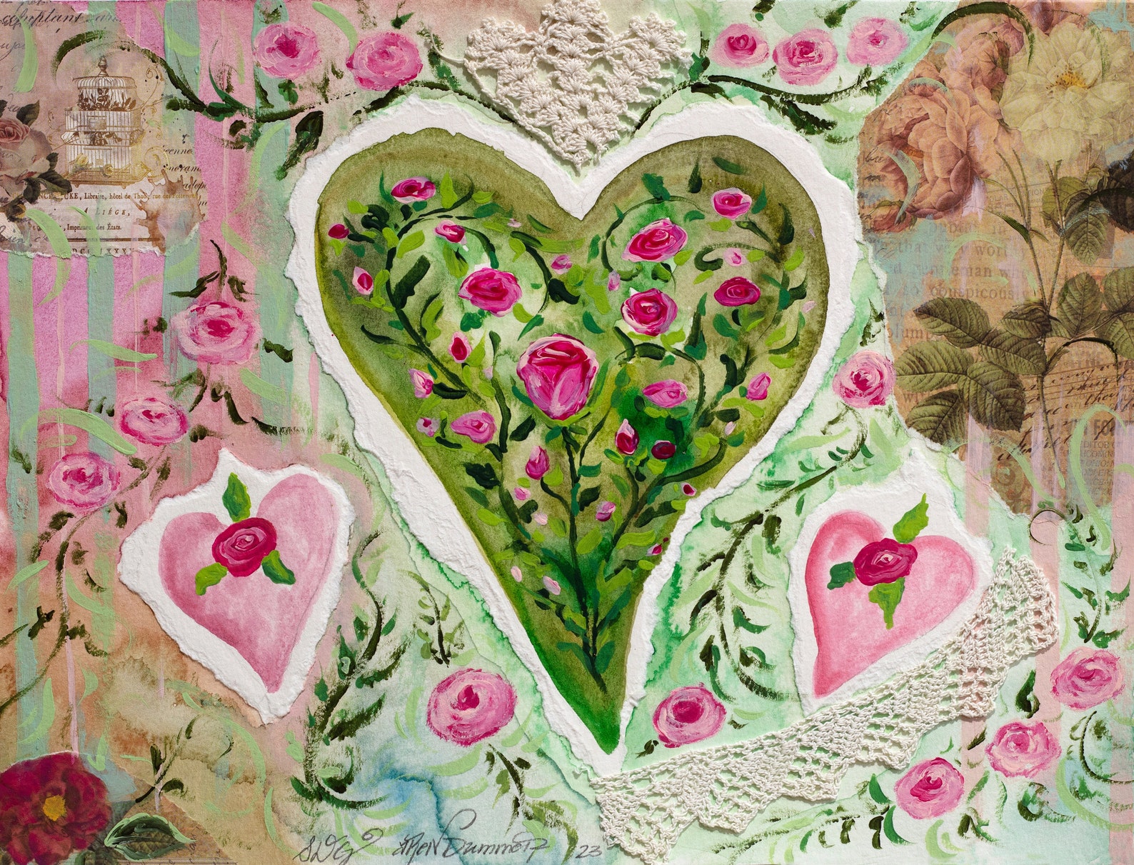 Victorian Hearts Giclée Folk Art Print of Original Mixed Media Painting ...