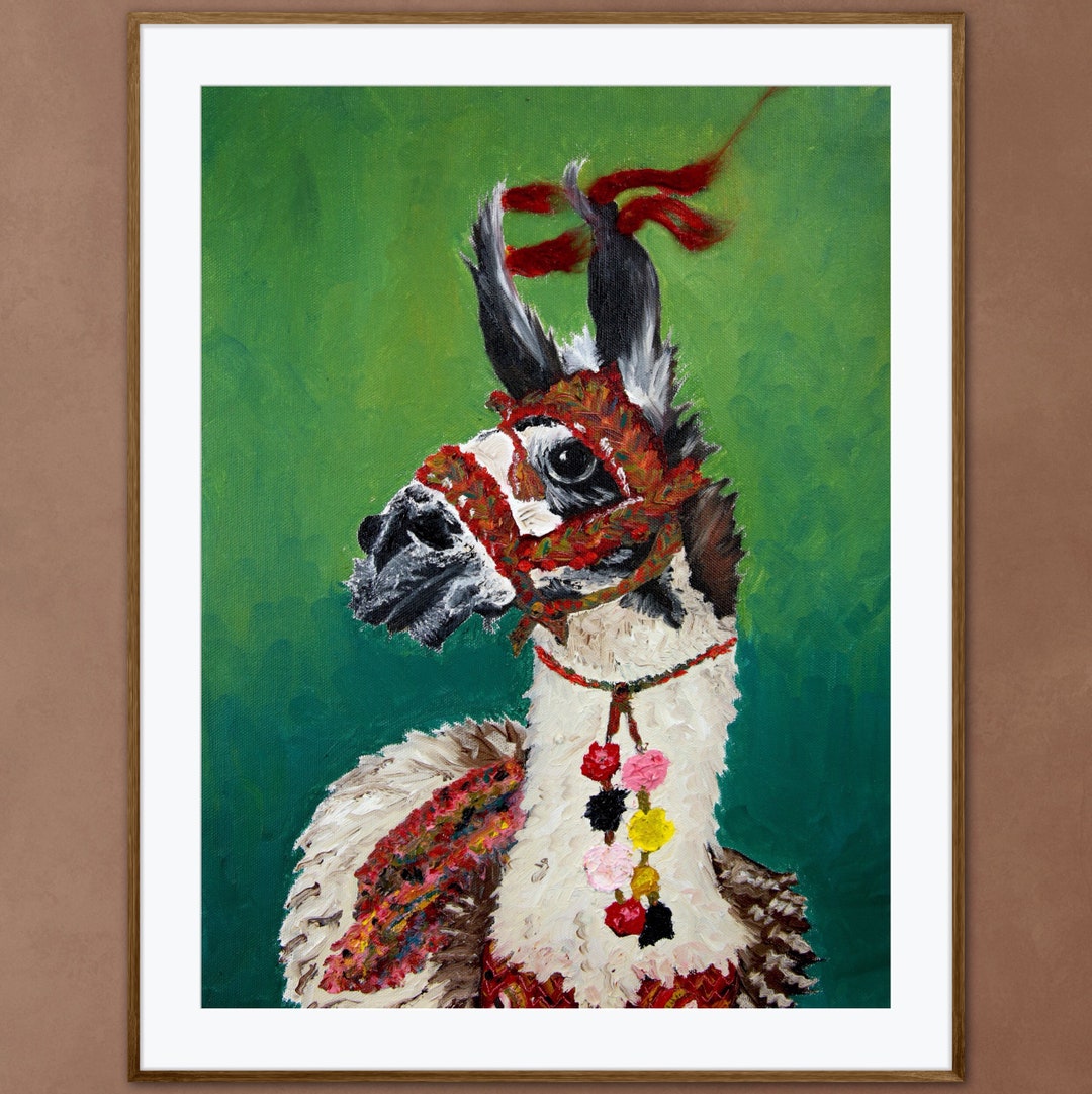 Peruvian Llama Pom Pom Tassels Fine Art Print of Oil Painting, Alpaca ...