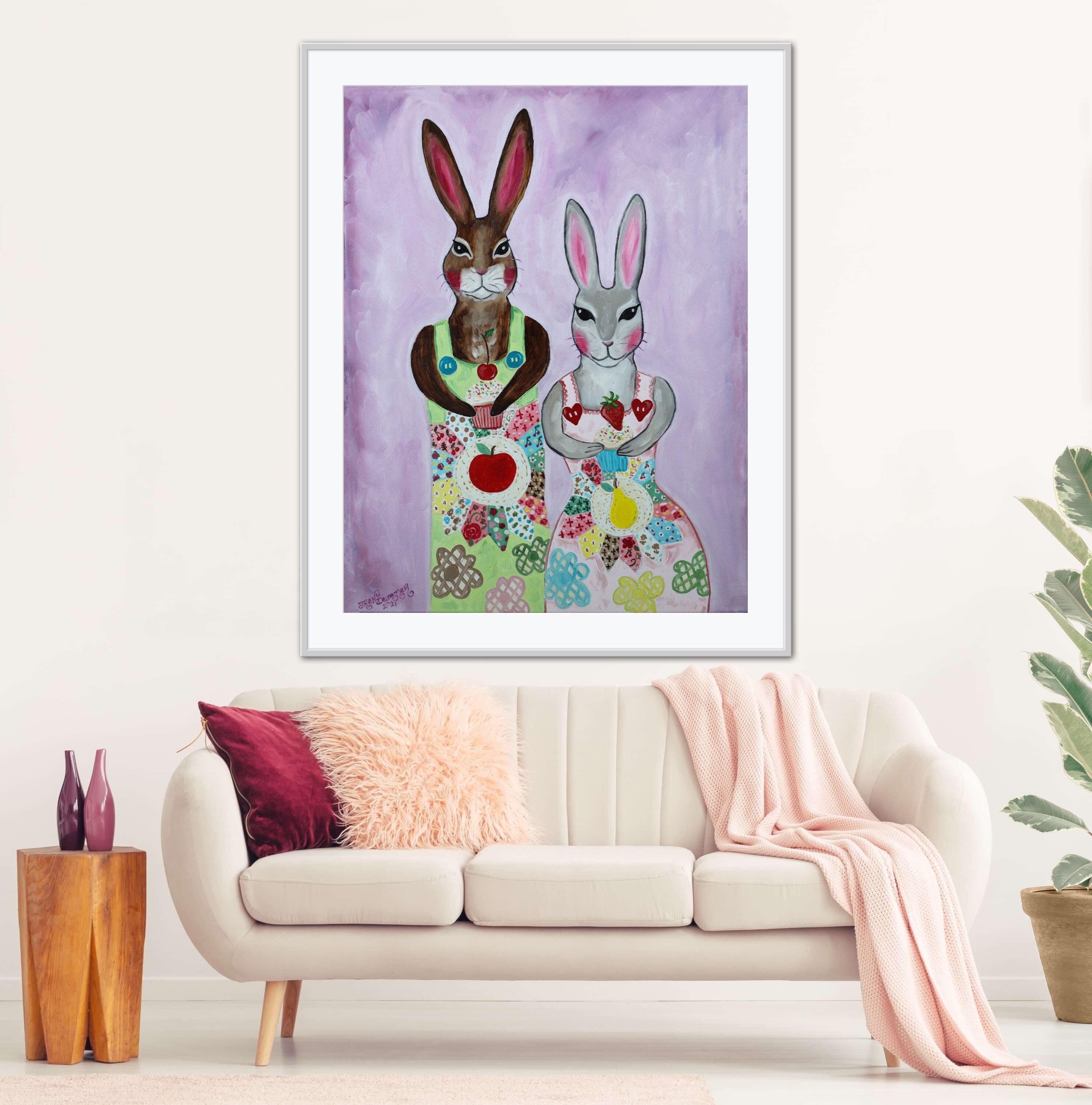 Baker Bunnies Art Print of Oil Painting, Whimsical Colorful Rabbits ...