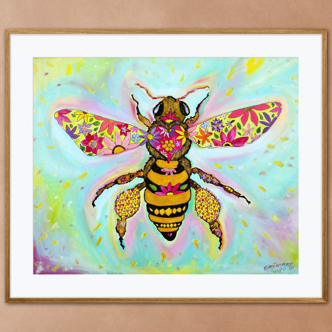 Whimsical Honeybee Fine Folk Art Print Oil Painting Colorful Flower ...