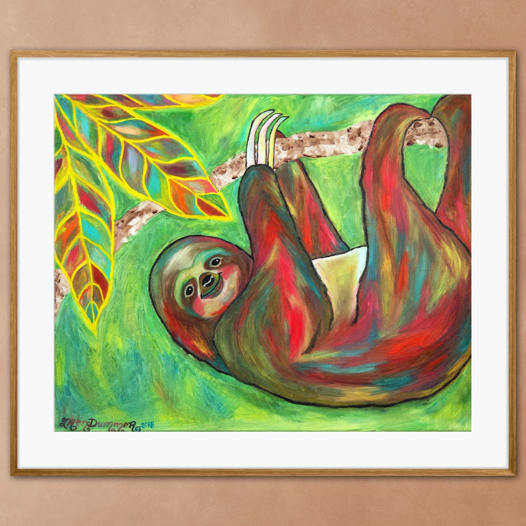 Happy Sloth Art Print of Original Oil Painting, Tropical Home Decor ...