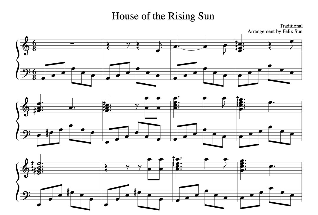 House of the Rising Sun (piano Sheet Music) - Digital Download - Etsy