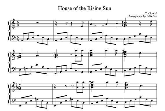 House of the Rising Sun piano Sheet Music Digital Download - Etsy