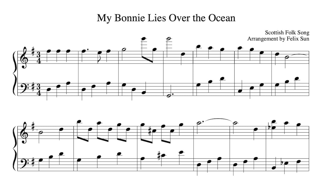 My Bonnie Lies Over the Ocean (piano Sheet Music) - Beautiful Easy ...