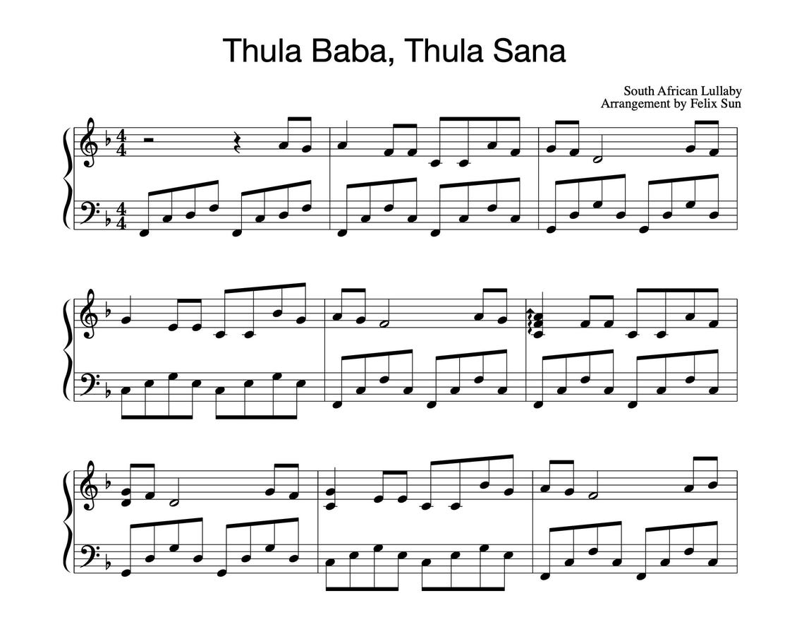 Thula Baba, Thula Sana (piano Solo - South African Lullaby) | Sheet Music - Digital Download - Etsy