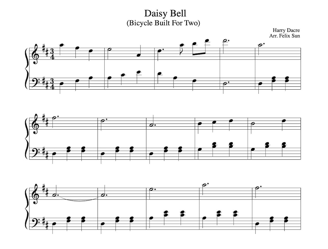 Daisy Bell (bicycle Built for Two) - Piano Sheet Music - Beautiful Easy ...