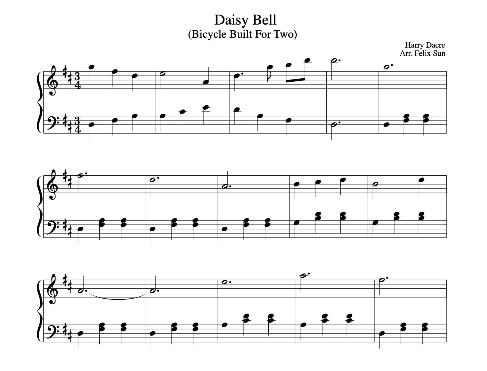 Daisy Bell (bicycle Built for Two) - Piano Sheet Music - Beautiful Easy ...