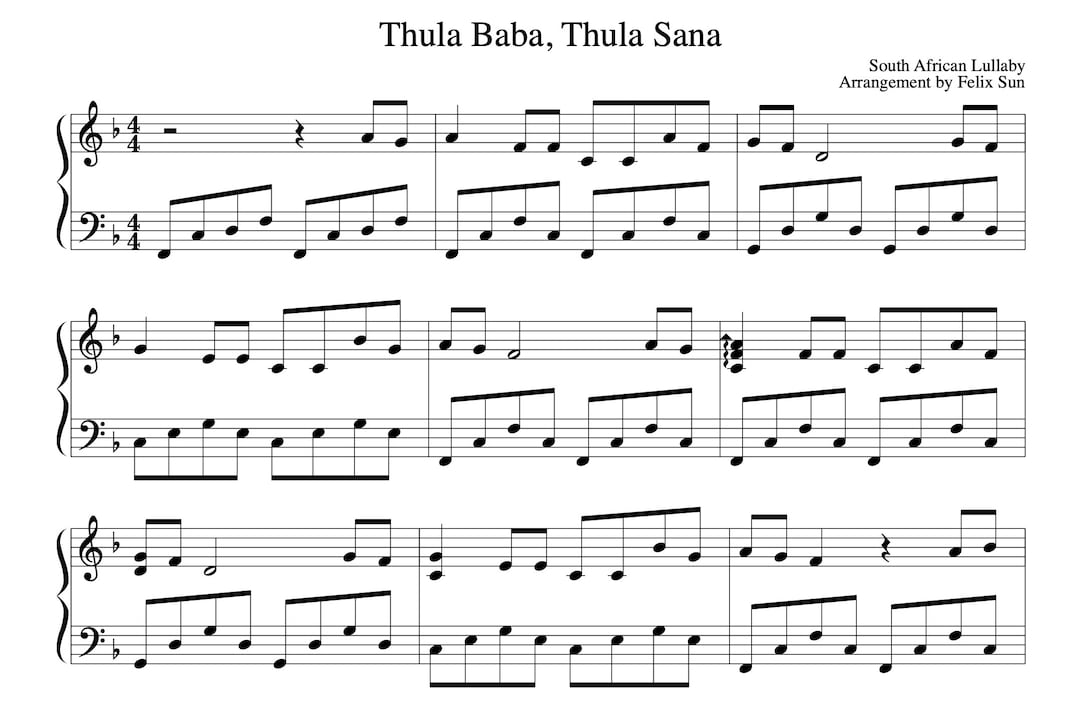 Thula Baba, Thula Sana piano Solo South African Lullaby Sheet Music ...