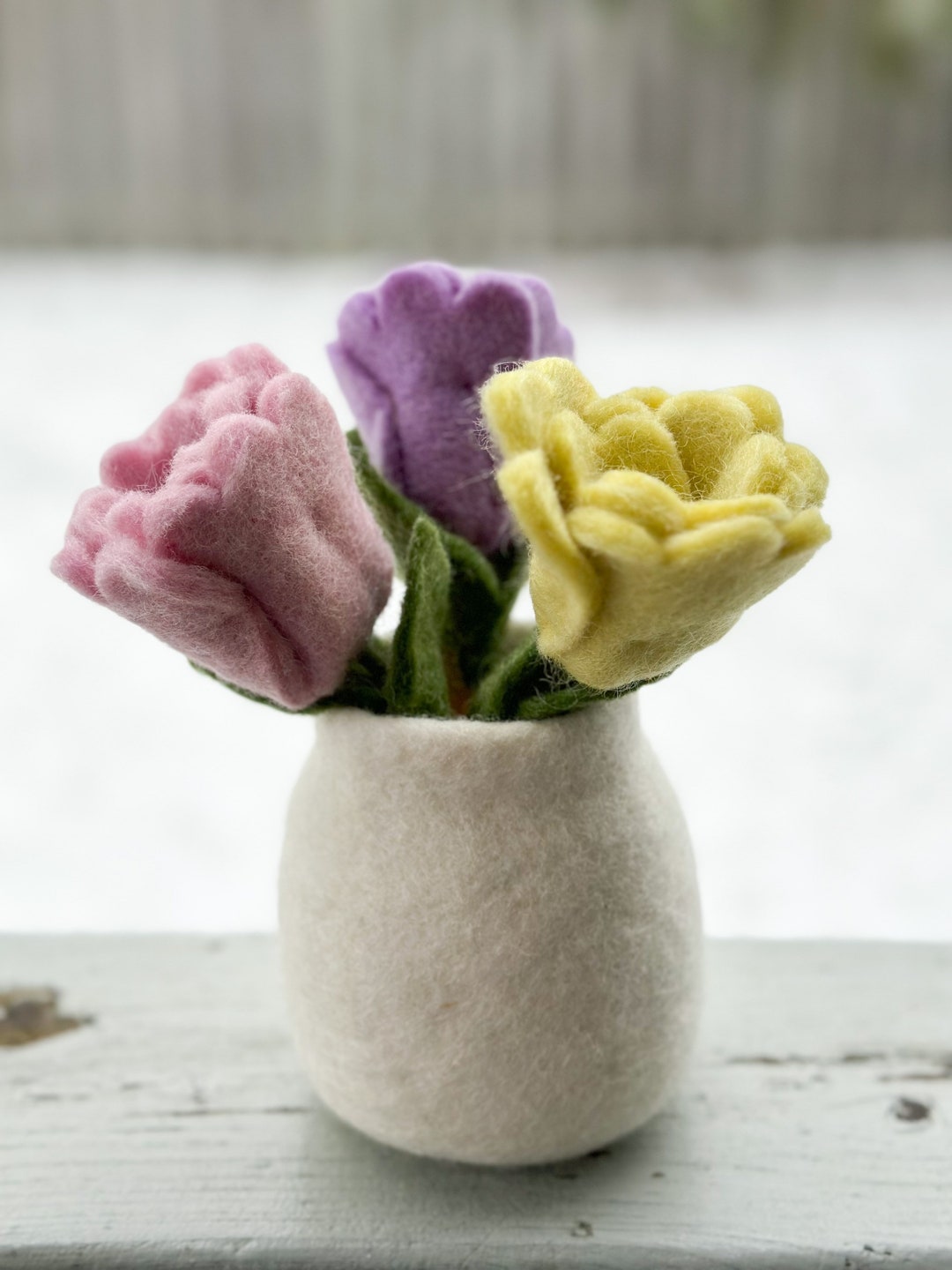Felted Vase With 3 Felt Tulips (pink, Purple & Yellow) | Spring Decor ...