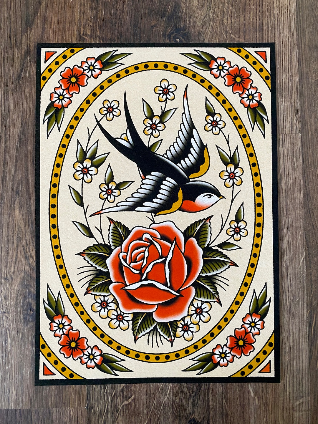 Swallow With Flowers Traditional Tattoo Flash Art Print - Etsy