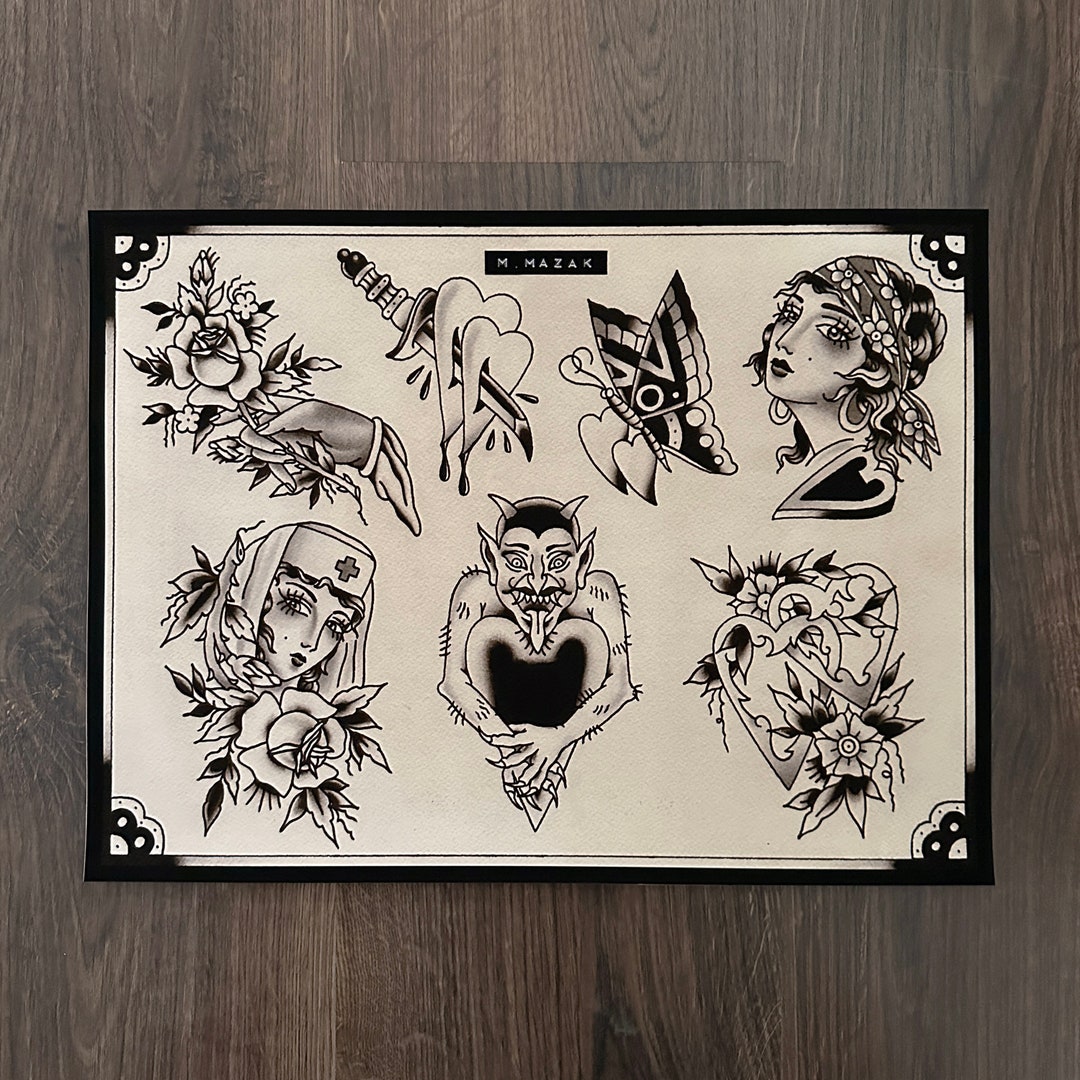 Hearts Traditional Tattoo Flash Art Print - Etsy