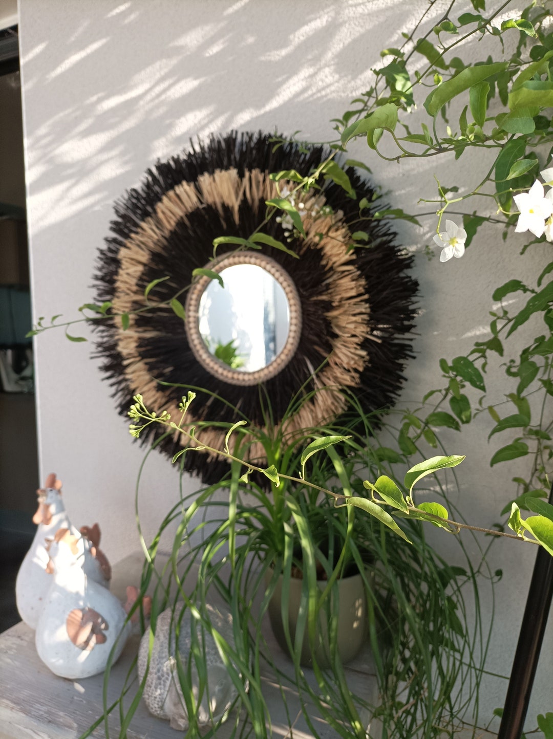 Two-tone Round Mirror on 3 Levels of Natural and Black Raffia - Etsy