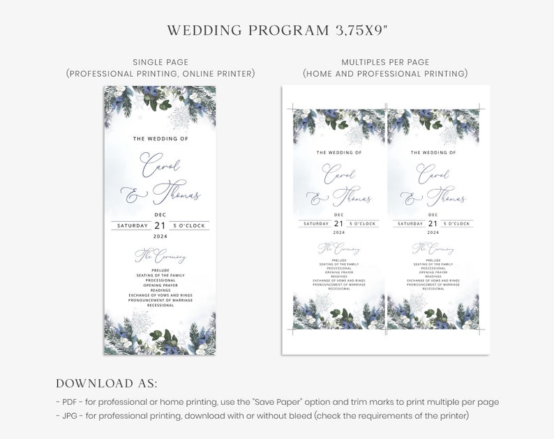 CAROL Winter Wedding Program Template, Christmas Program Card, Editable Wedding Program ...