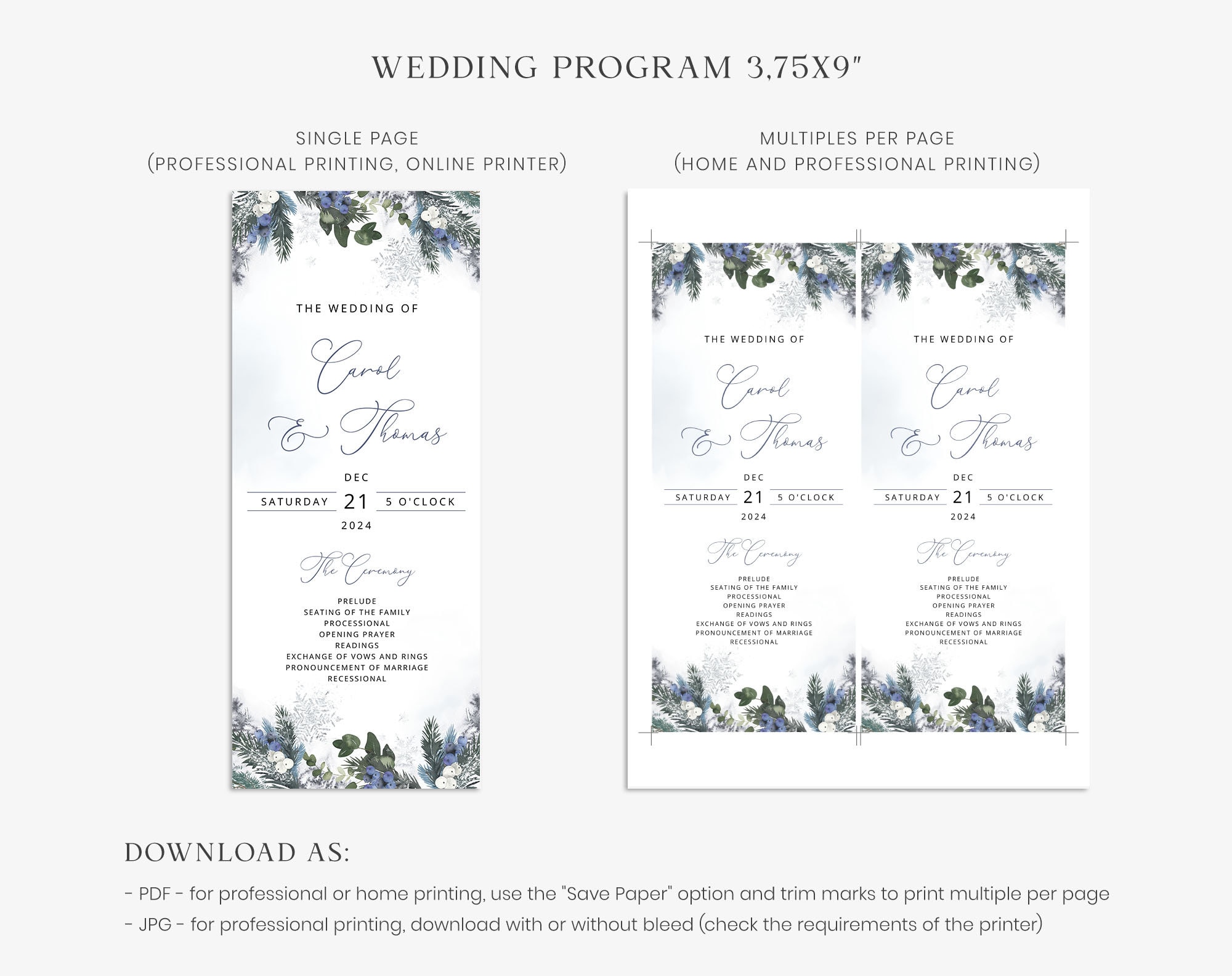 CAROL Winter Wedding Program Template, Christmas Program Card, Editable Wedding Program ...