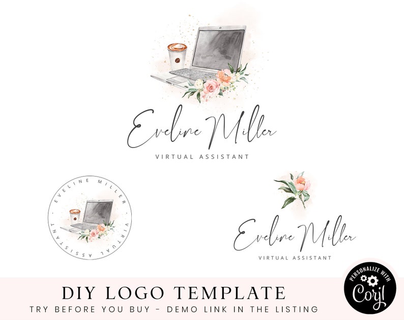 Virtual Assistant Logo Design Editable Logo Set Copywriter - Etsy
