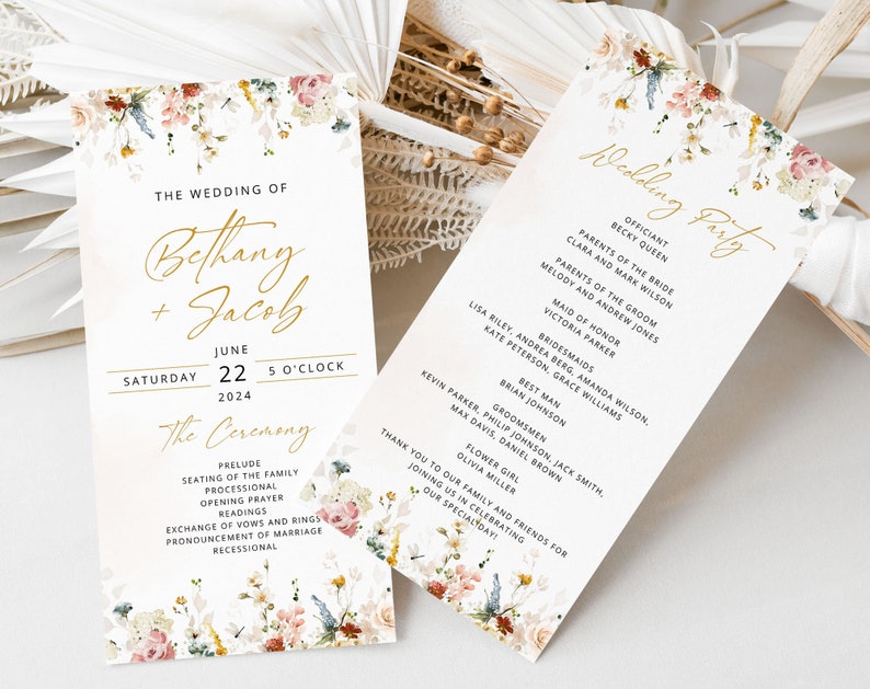 BETHANY Wedding Program Template, Floral Program Card, Editable Wedding ...