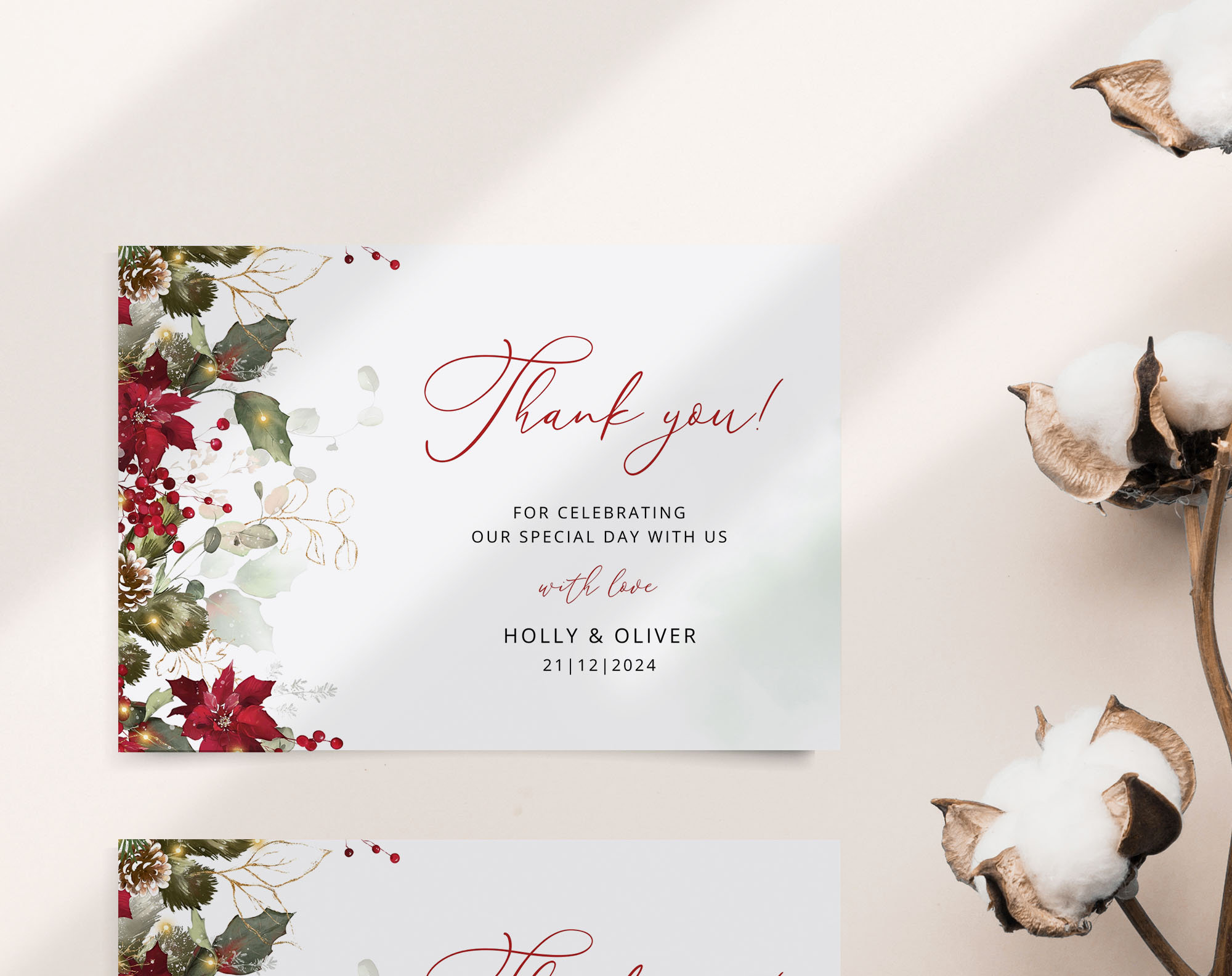 HOLLY Winter Thank You Card Template, Christmas Wedding Thank You Card ...