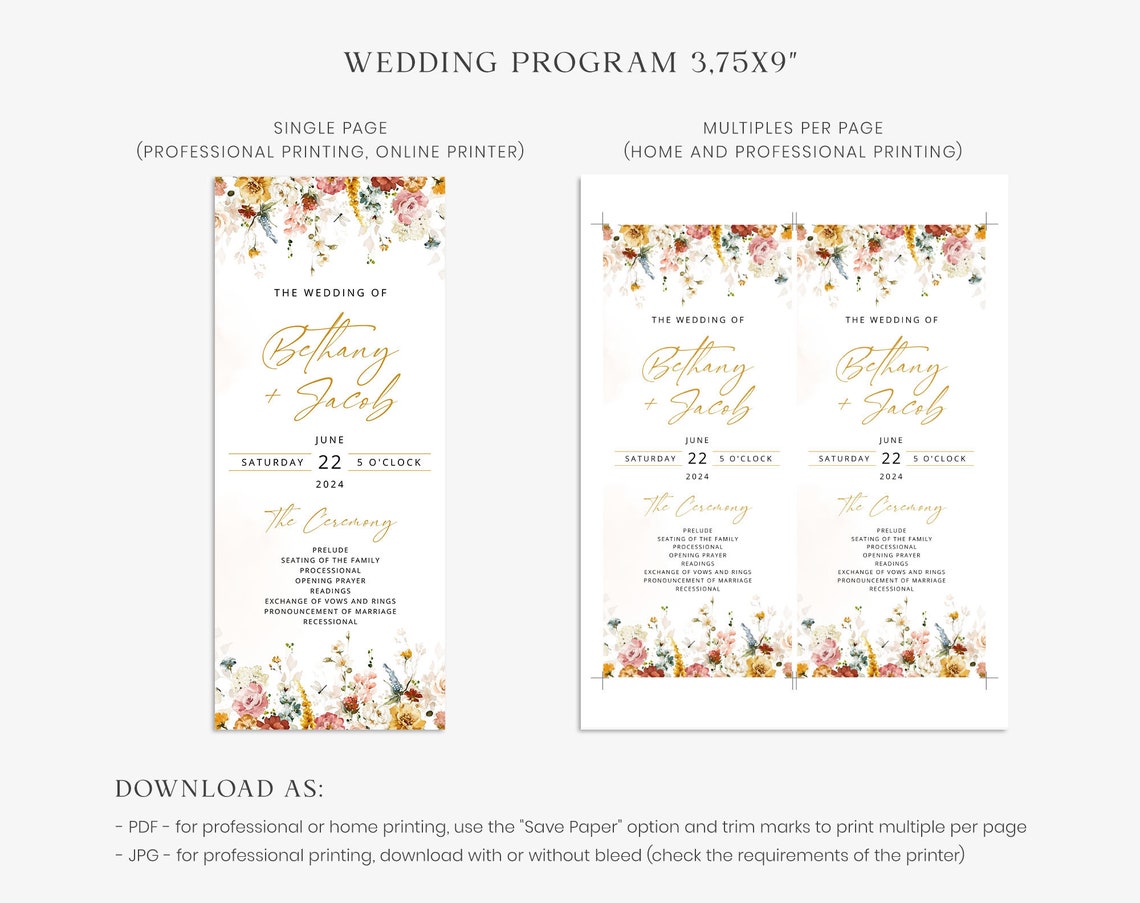 BETHANY Wedding Program Template, Floral Program Card, Editable Wedding ...