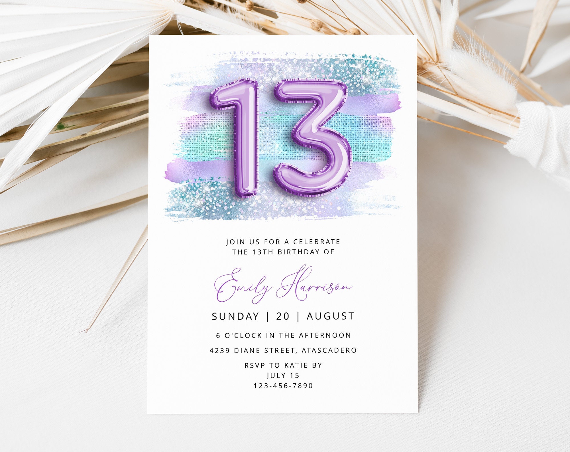 13th Birthday Invitation, Sparkle Birthday Invite, Purple Birthday ...