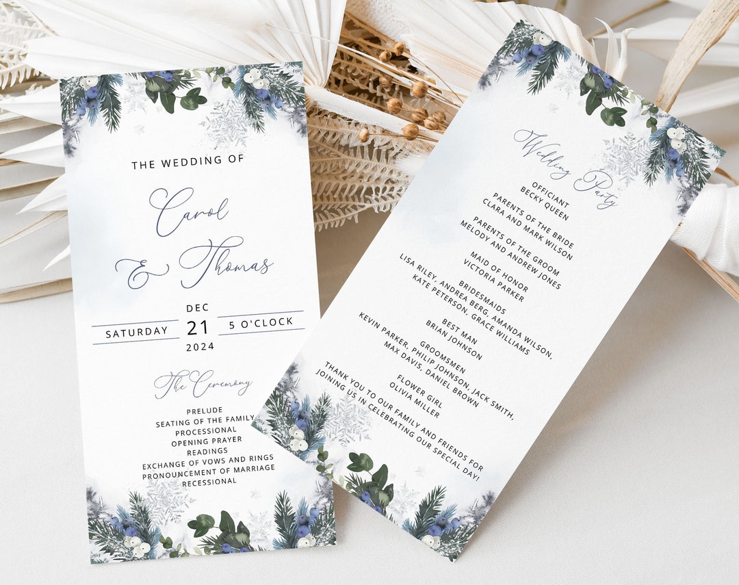 CAROL Winter Wedding Program Template, Christmas Program Card, Editable ...