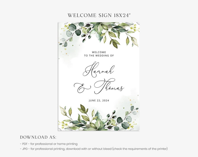 HANNAH Greenery Welcome Sign Template Foliage Wedding Welcome - Etsy