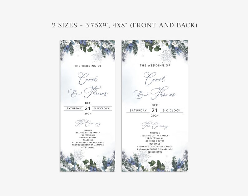 CAROL Winter Wedding Program Template, Christmas Program Card, Editable ...