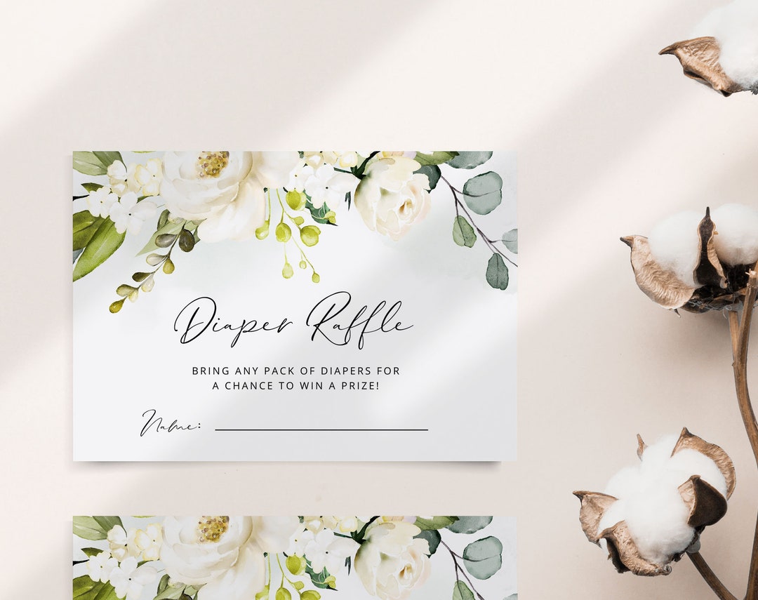 AMELIA Diaper Raffle Card, Baby Shower Template, Greenery Diaper Raffle ...
