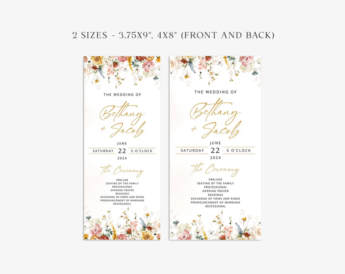 BETHANY Wedding Program Template, Floral Program Card, Editable Wedding ...