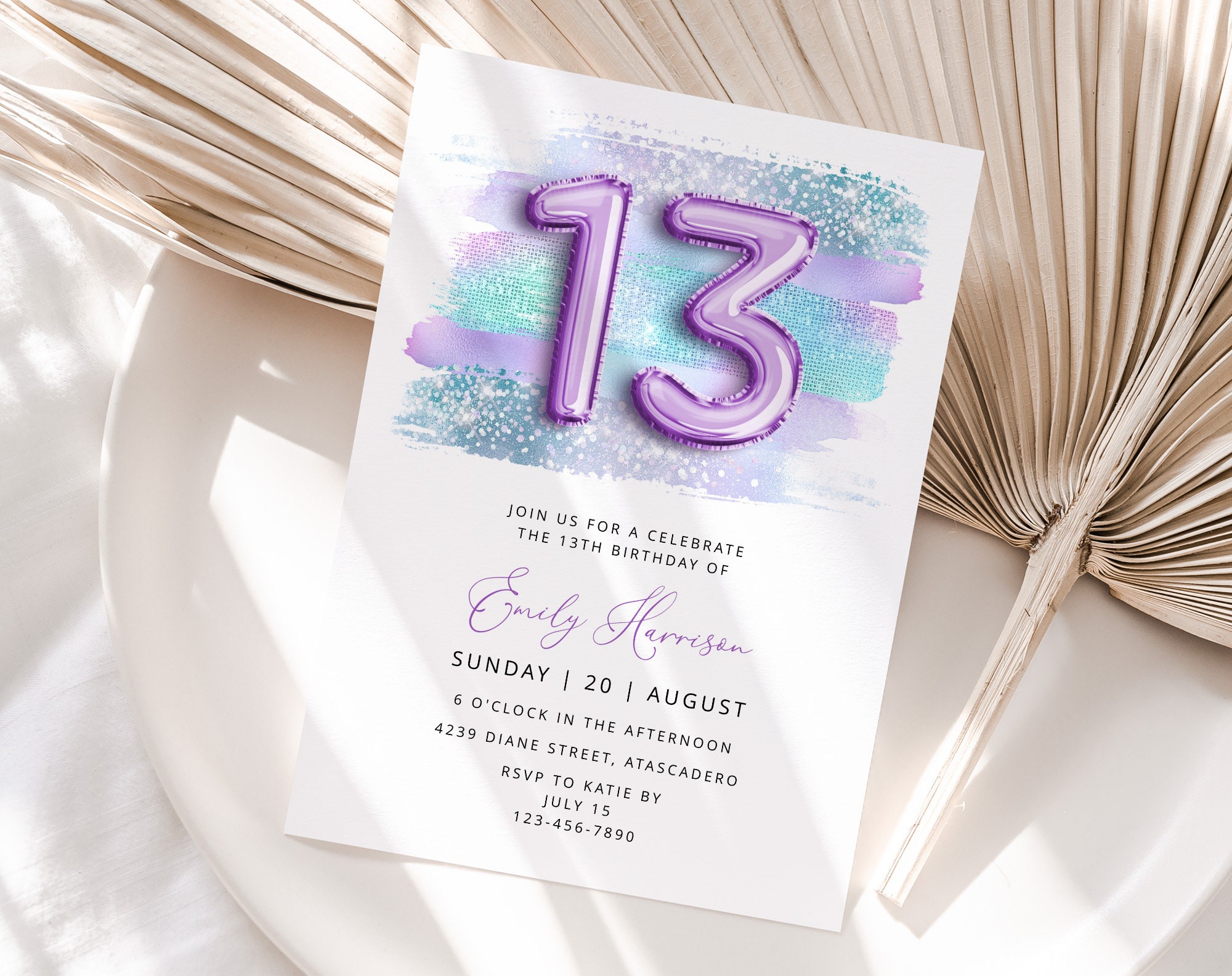 13th Birthday Invitation, Sparkle Birthday Invite, Purple Birthday ...