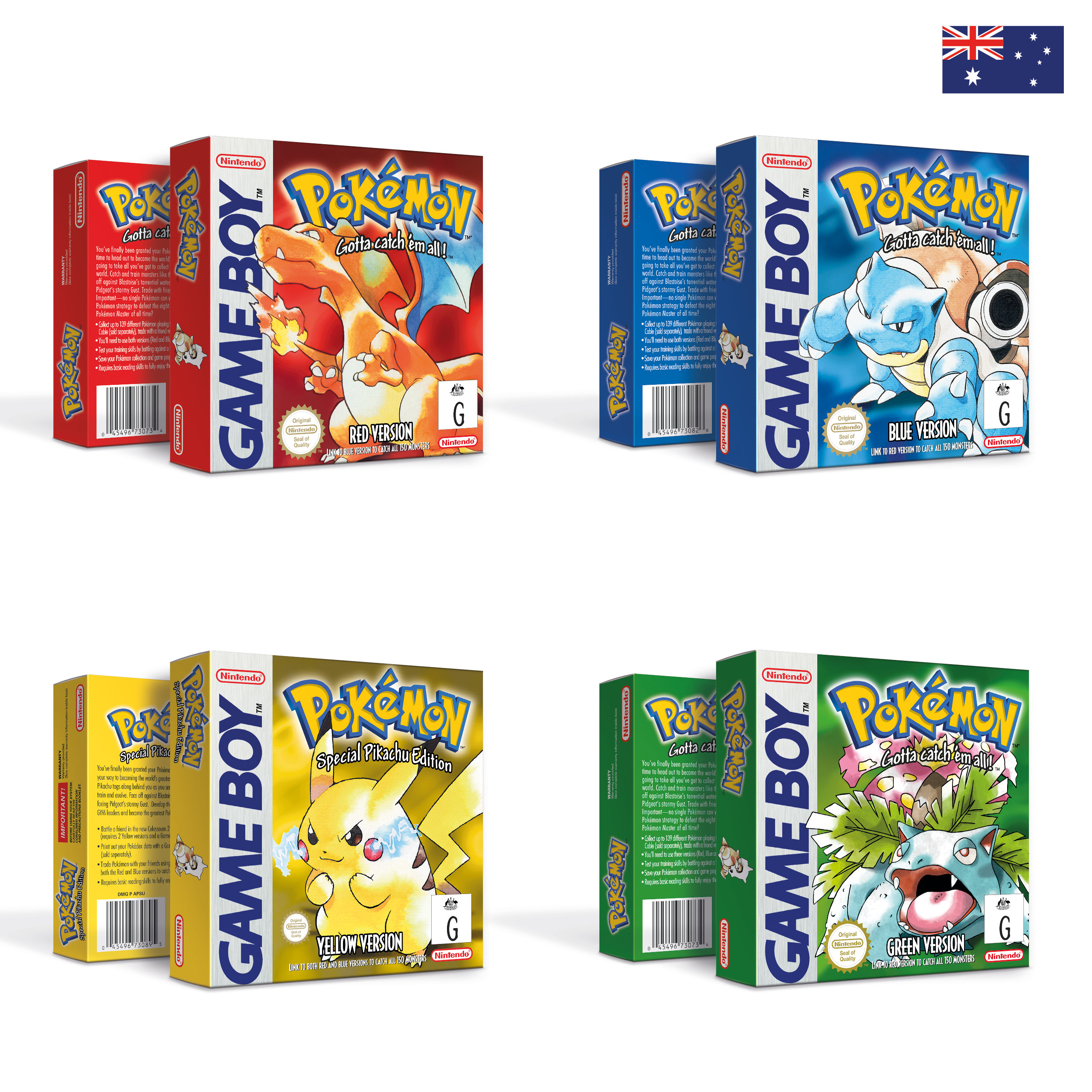 Pokemon Red Blue Yellow Green 4 Boxes for Game Boy Nintendo - 7 Regions ...