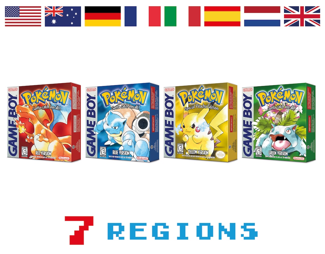 Pokemon Red Blue Yellow Green 4 Boxes for Game Boy Nintendo - 7 Regions ...