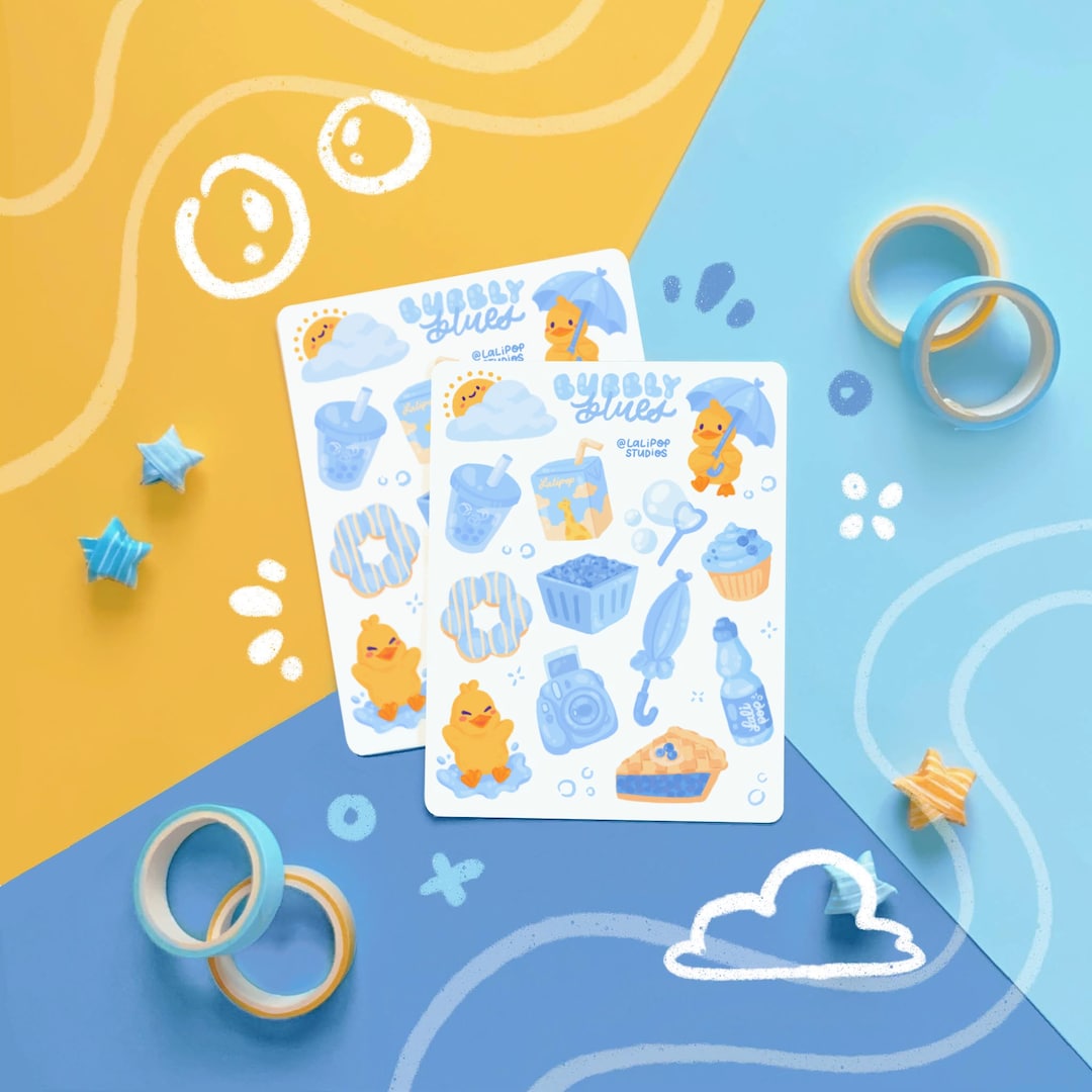 Bubbly Blues Sticker Sheet | Cute Blue Stickers, Bullet Journal ...