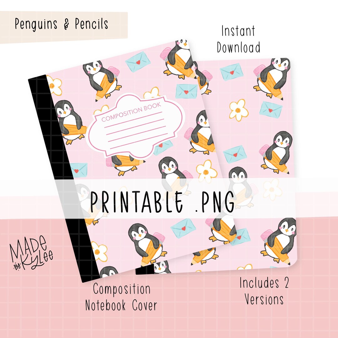 Printable Composition Notebook Cover PNG Penguins and Pencils Personal ...