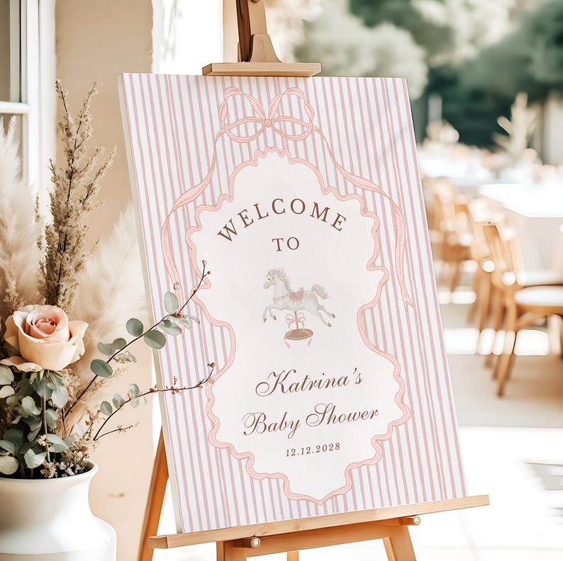 Rocking Horse Baby Shower Welcome Sign, Elegant Pink Baby Shower ...